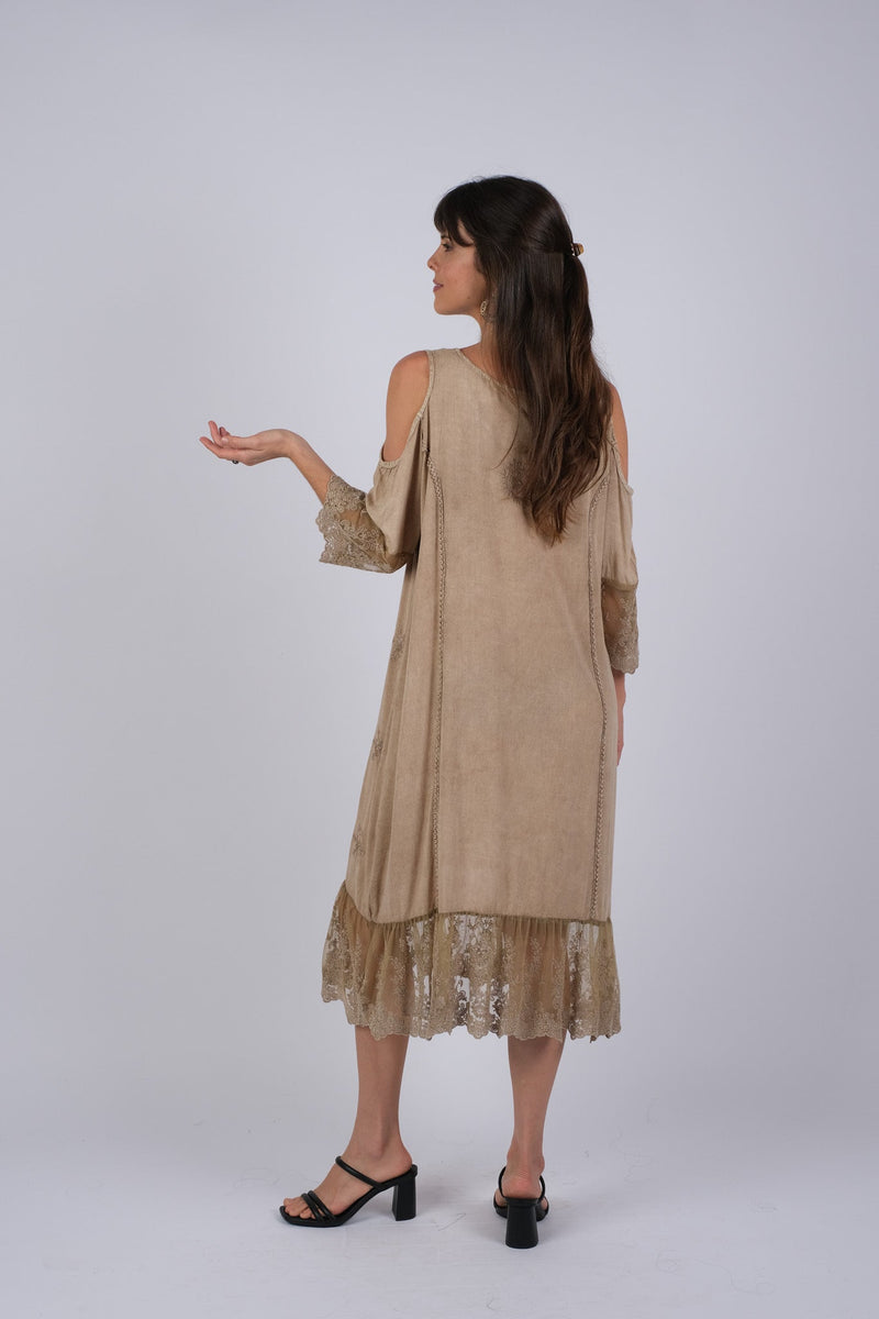 225232 Embroidered Artisan Camel Off-Shoulder Dress – Sacred Threads, Inc